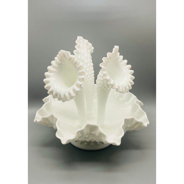 1960s Fenton Milk Glass Three Horn Epergne Fenton Hobnail Vase And Bowl