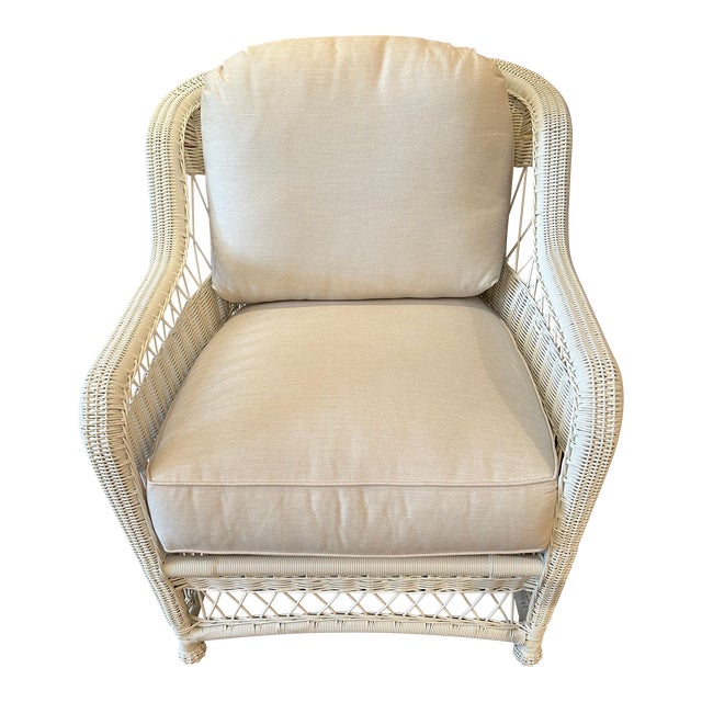 White Wicker Club Chair With Custom Upholstered Cushions | Chairish