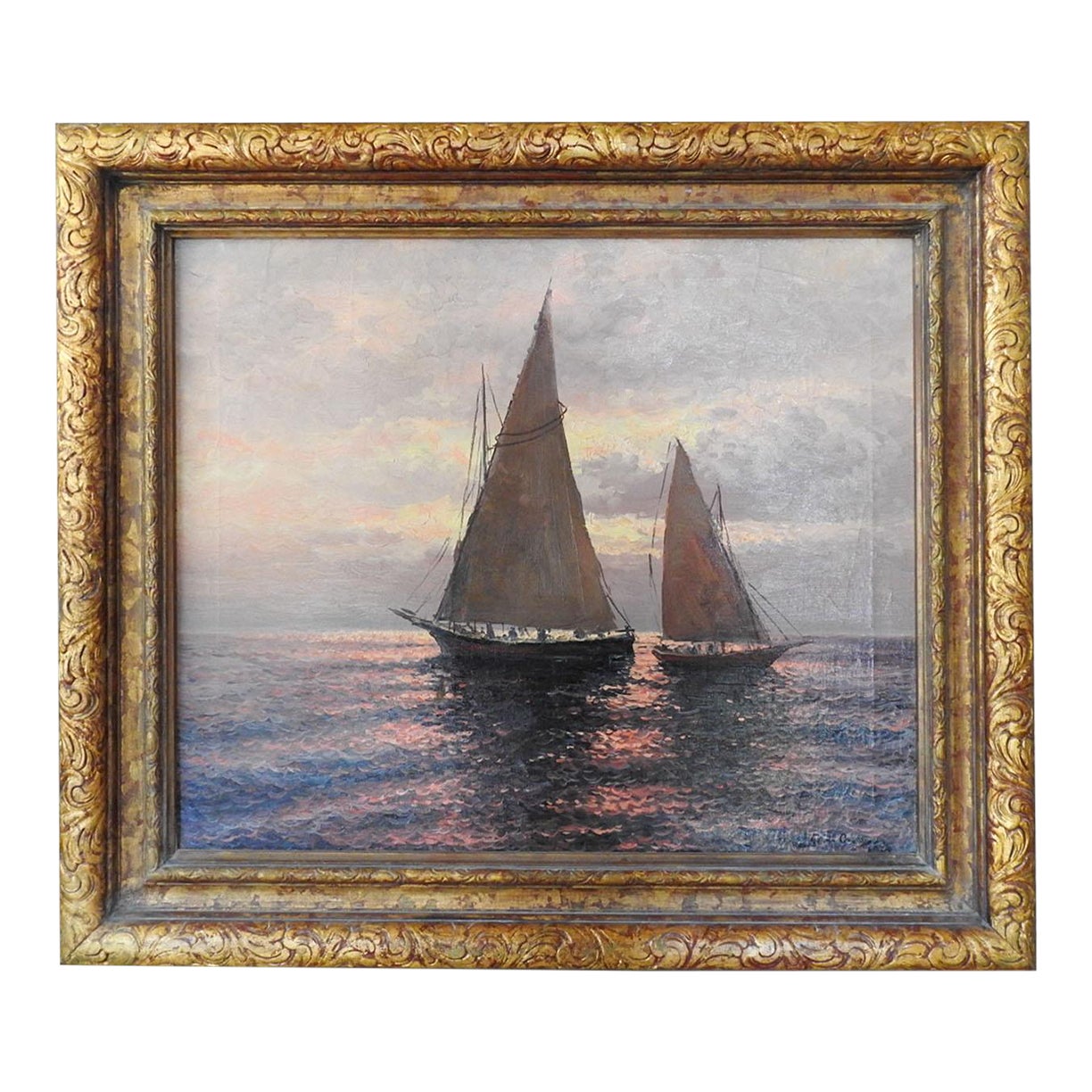 Vintage Guido Odierna Seascape Sunset Sailboats Painting | Chairish