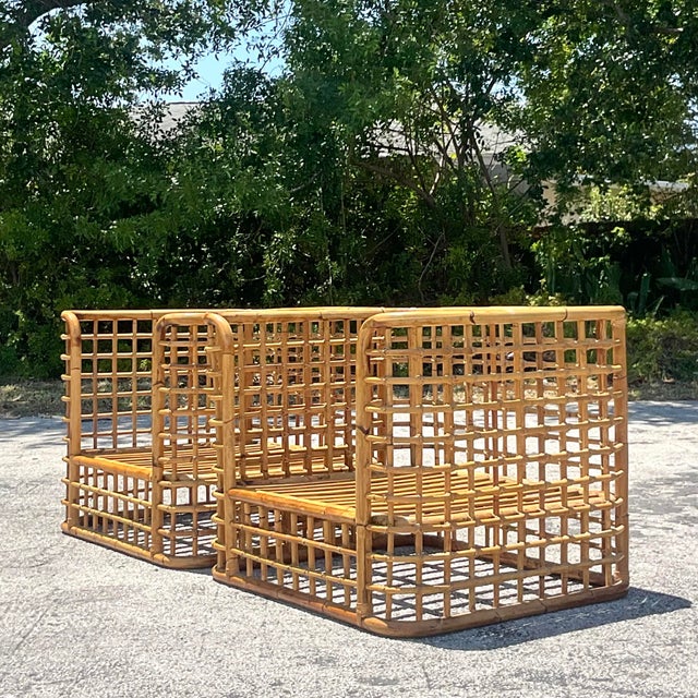 Vintage Coastal Grid Rattan Lounge Chairs After Henry Olko - a Pair ...