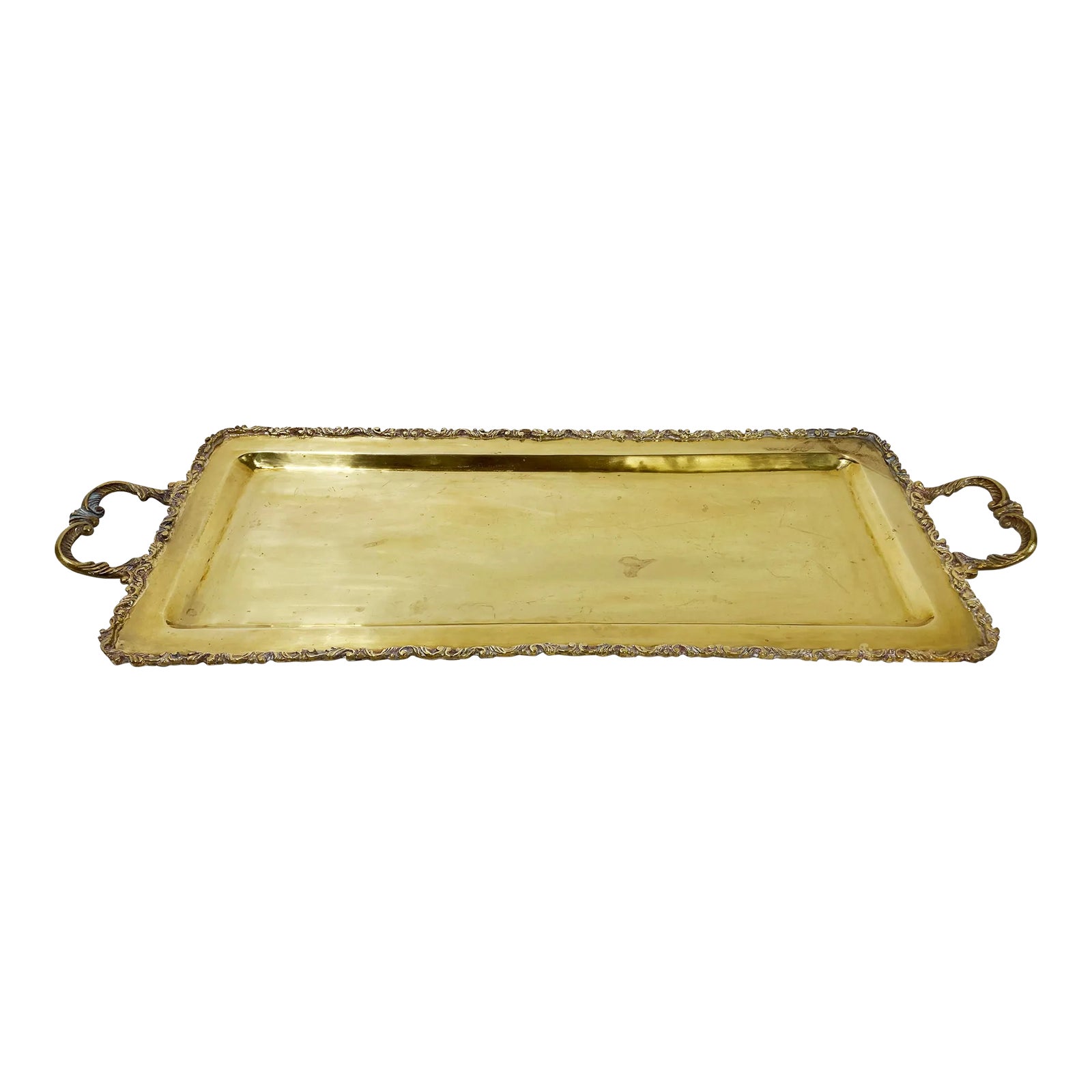 Vintage Rectangular Scrolled Edge Brass Tray | Chairish