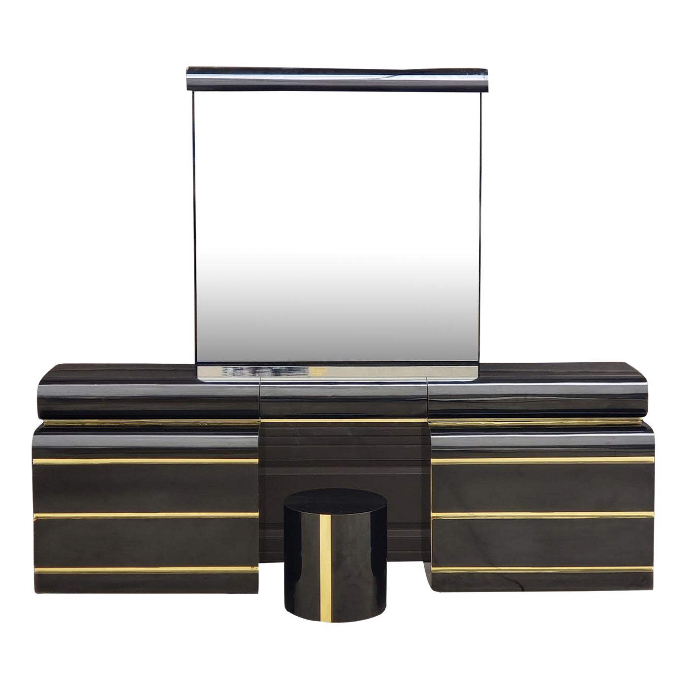 1980's Postmodern Black Bullnosed Vanity Dresser W/ Matching Stool ...