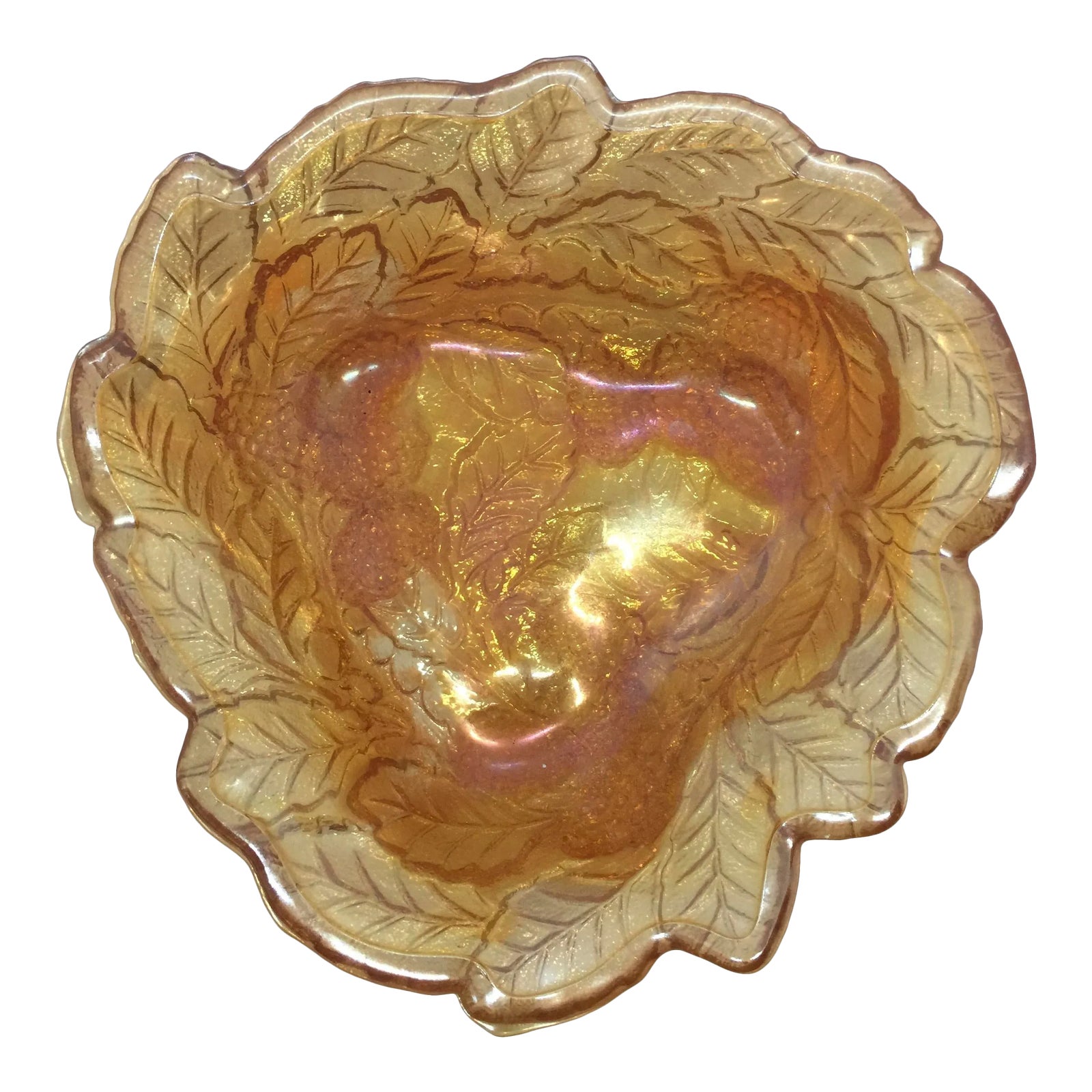 Mid Century Marigold Leaf Carnival Glass Candy Dish | Chairish