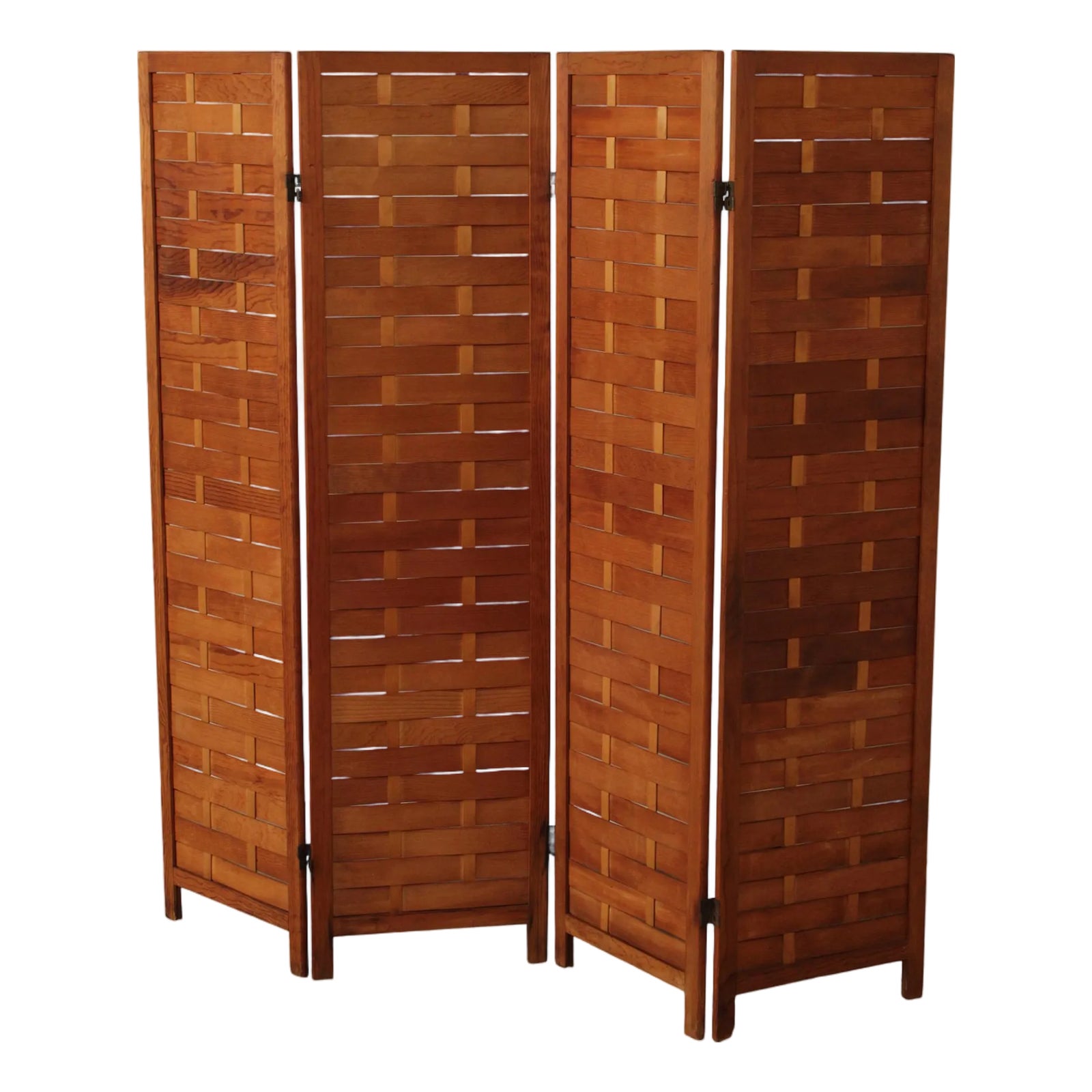 Mid Century Modern Woven Wood Four-Panel Screen | Chairish