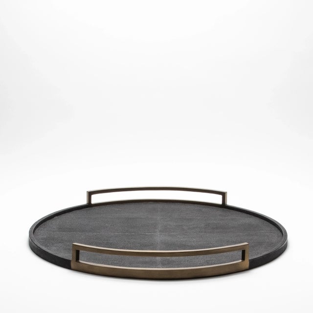 Extra Large Round Tray in Black Shagreen With Bronze Patina Brass by R ...