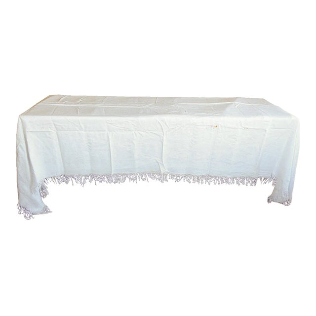 Antique White Fringed Damask Tablecloth | Chairish