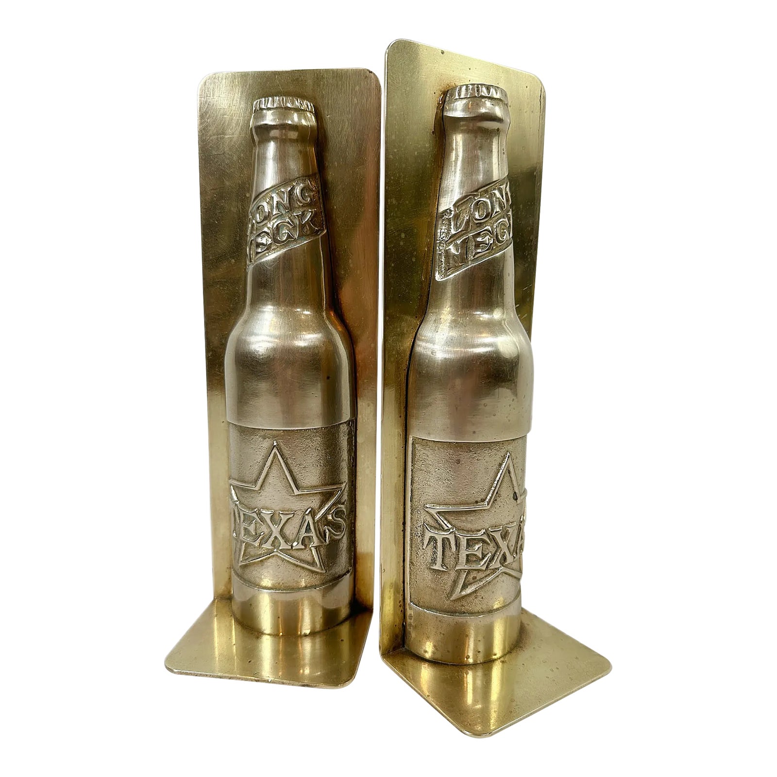 1980's Texas Longneck Brass Beer Bookends - a Pair | Chairish