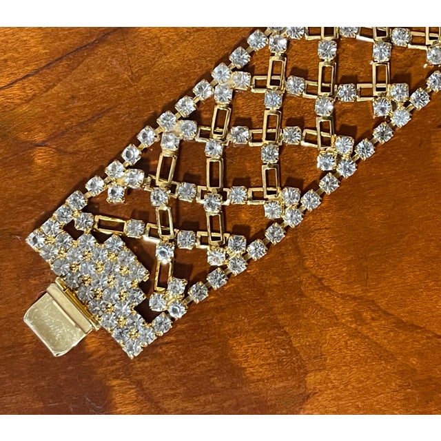 1980s Sparkly Art Deco Style Crosshatch Crystal Gold Bracelet | Chairish