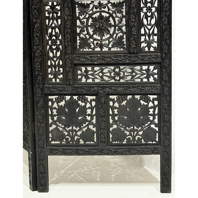Old Intricately Carved Openwork 4 Panel Ebony Black Oak Floor Screen ...