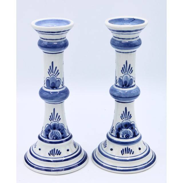 Vintage Blue and White Dutch Delft Ceramic Candlesticks | Chairish
