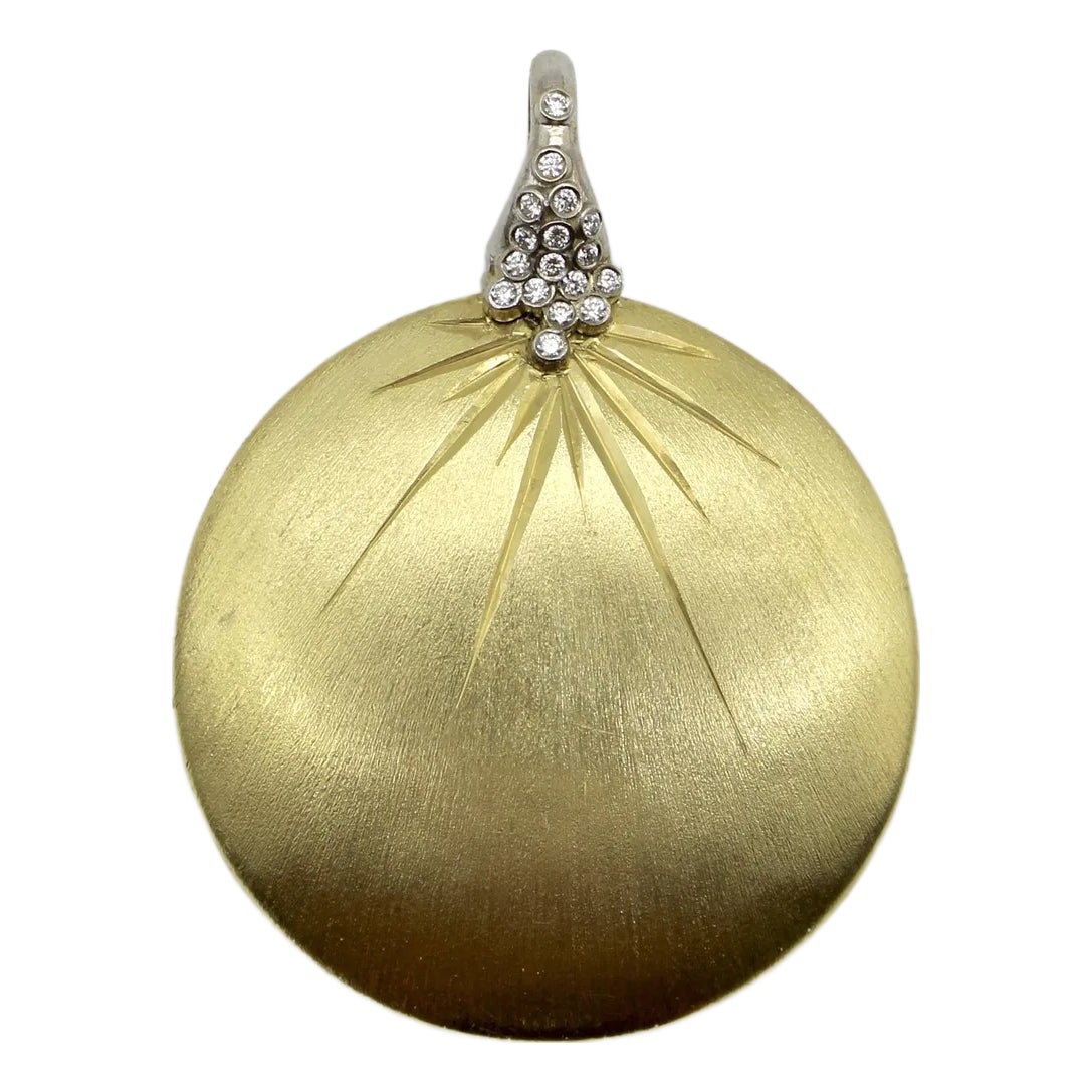 Vintage 18k Gold Florentine Finish Diamond Disc Pendant | Chairish