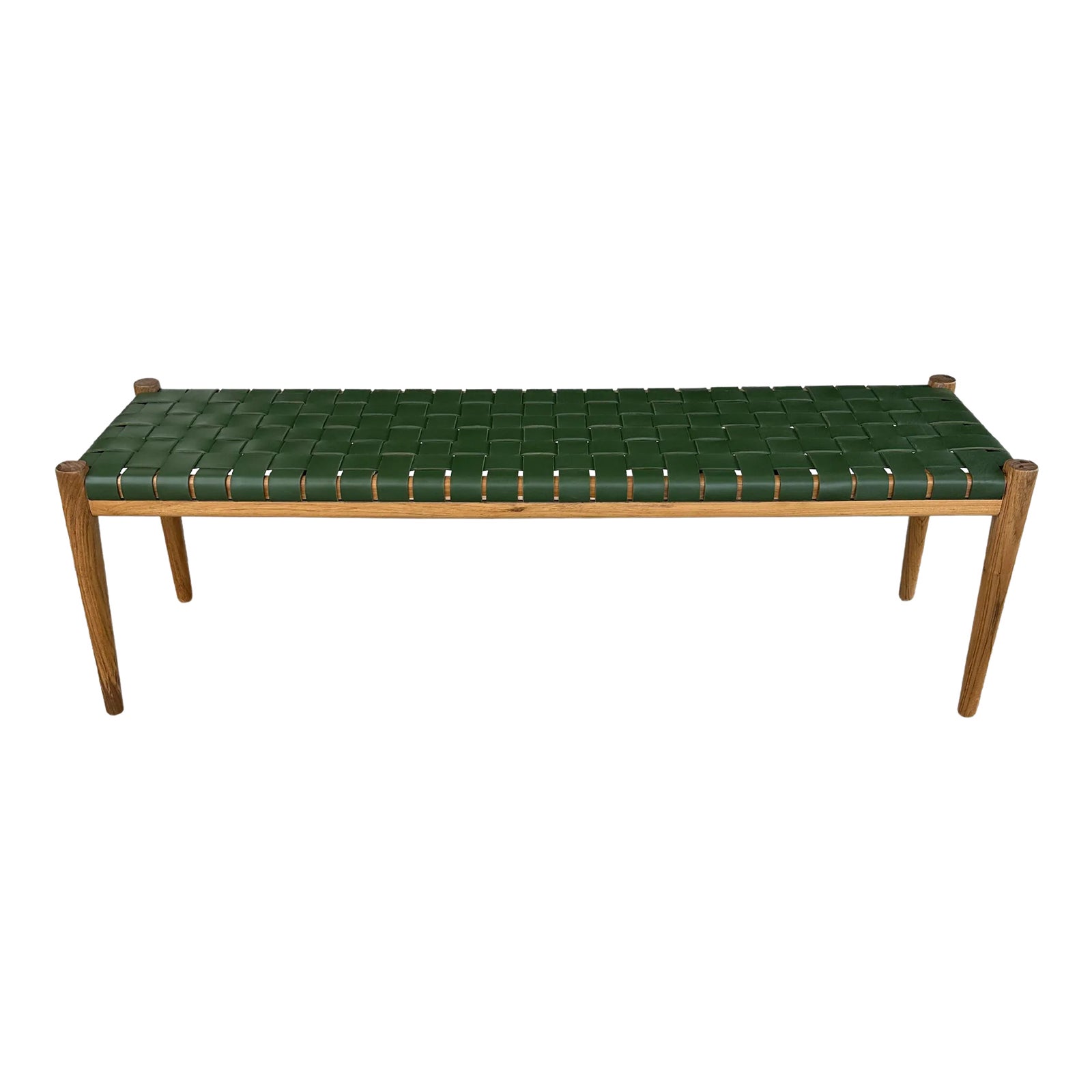 Teak Wood Framed Bench, With Woven Leather Seat | Chairish