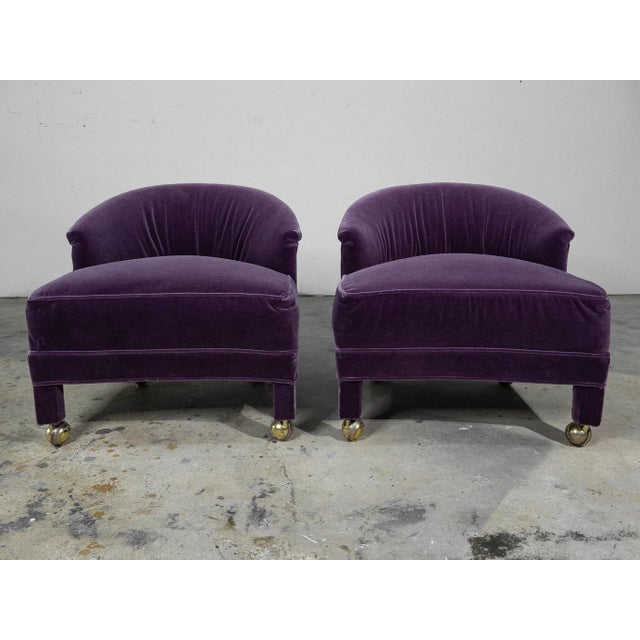 Pair of Upholstered Chairs in Violet Purple Velvet on Brass Rollers ...