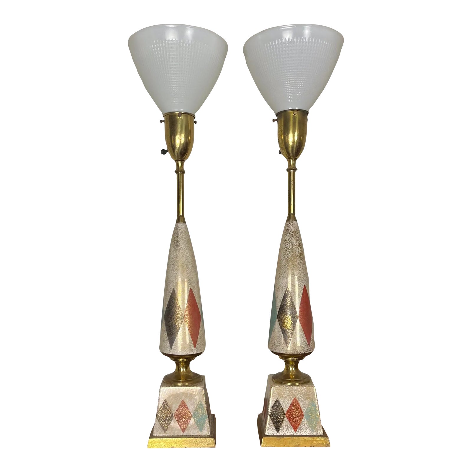 A Pair 1950s Harlequin Torch Table Lamps With Original Glass Domes ...