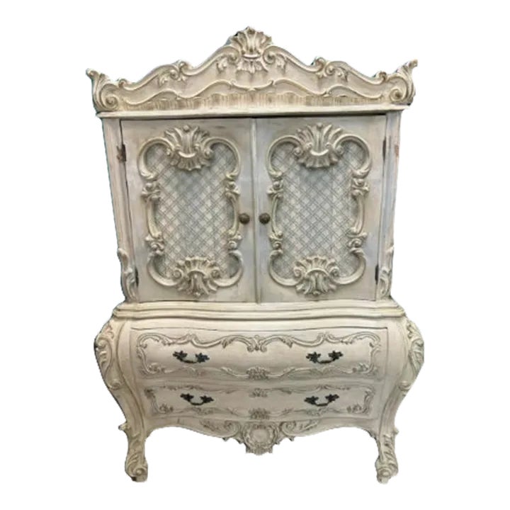 1970s Vintage French Rococo Carved Wood and Chicken Wire Armoire | Chairish