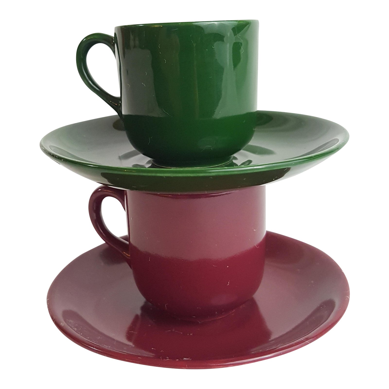 Burgundy & Green Porcelain Tea Cups & Saucers - Service for 2 | Chairish