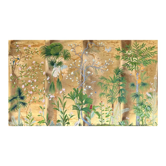 Contemporary Tropical Chinoiserie Mural Hand Painted Wallpaper on Gold ...