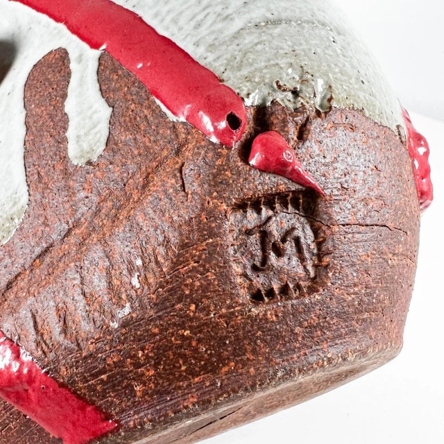 1970s Jm Abstract Red and White Studio Pottery Vase Vessel | Chairish