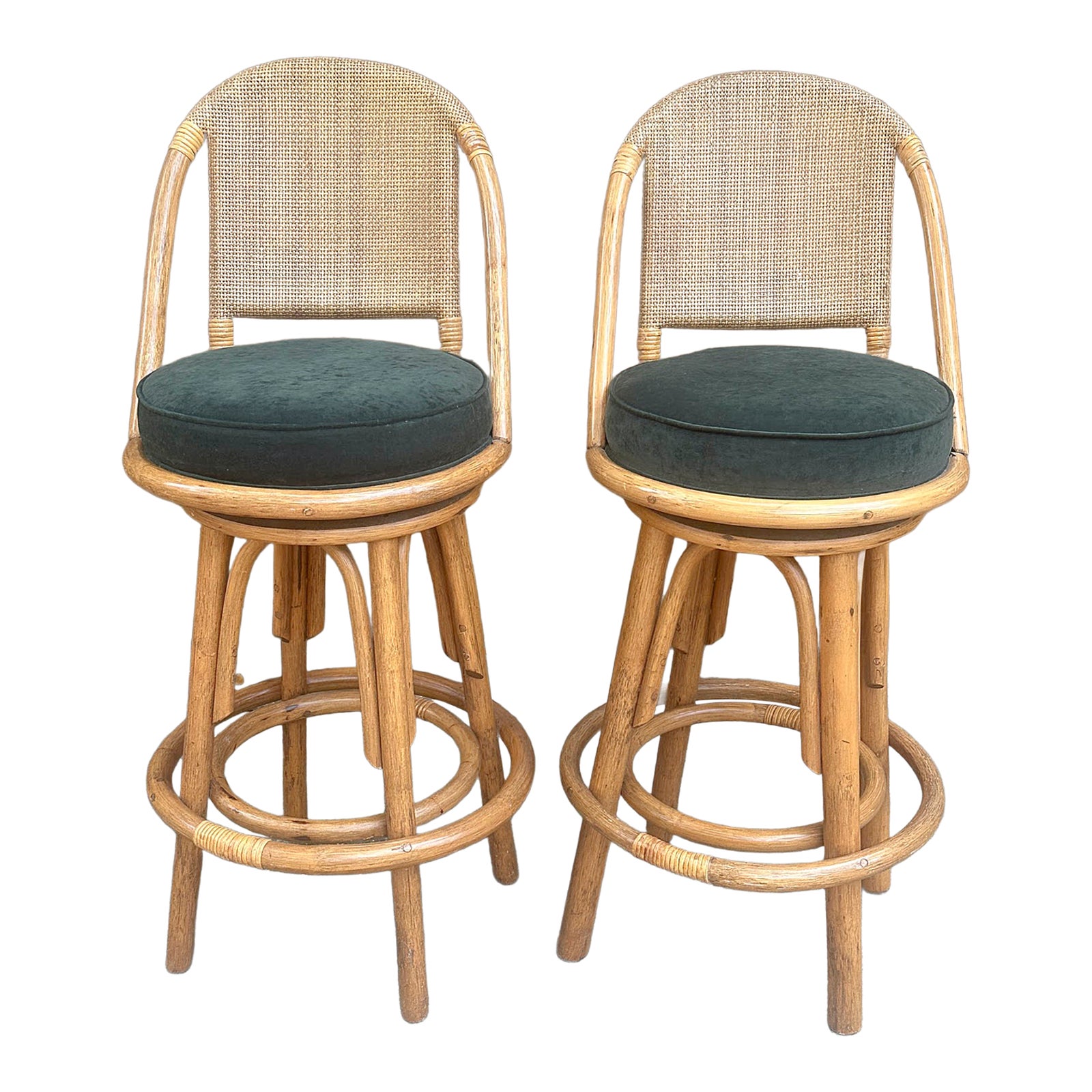 1970's Ficks Reed Style Honey Rattan Swivel Bar Stools - A Pair | Chairish