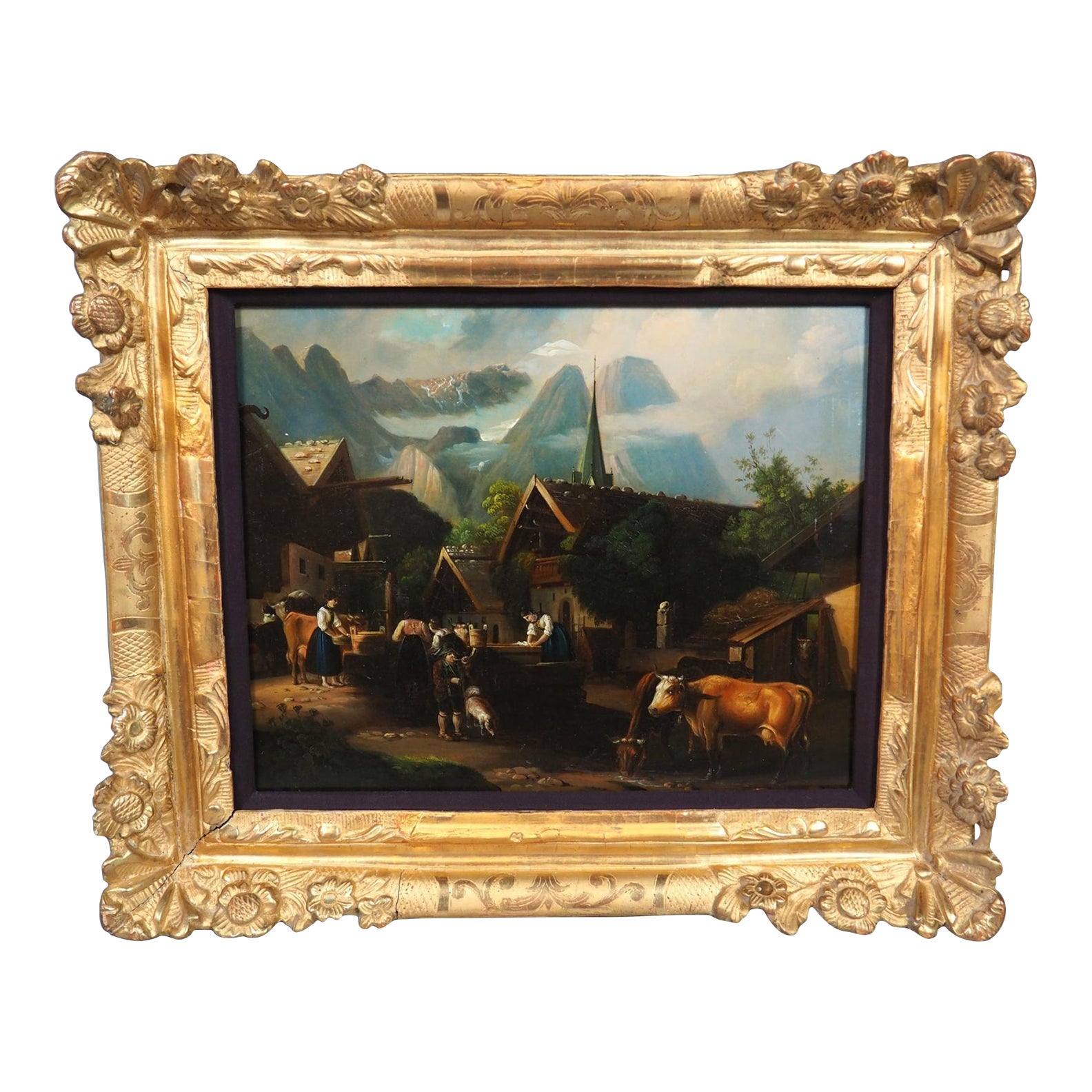 Antique Oil on Copper Painting of an Alpine Village Scene | Chairish