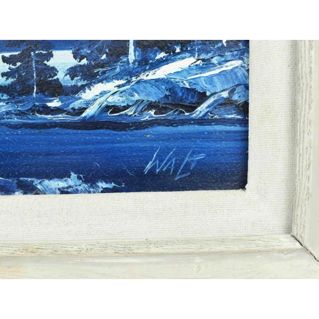 Mid 20th Century Blue and White Landscape Mountain and Forest Scene Oil ...