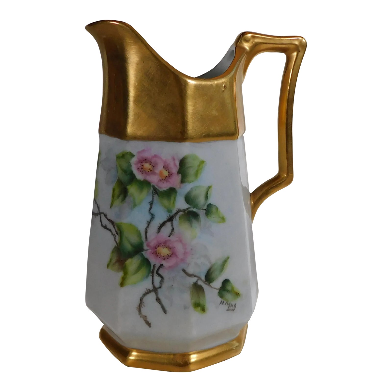 1970s Signed White Floral Pitcher | Chairish