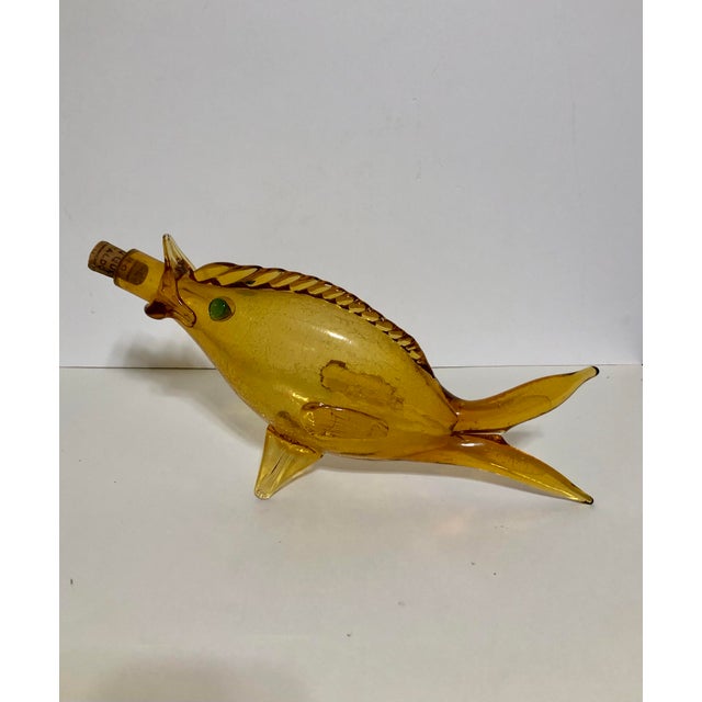 Vintage Blenko Hand Blown Amber Art Glass Fish Decanter, Italy | Chairish