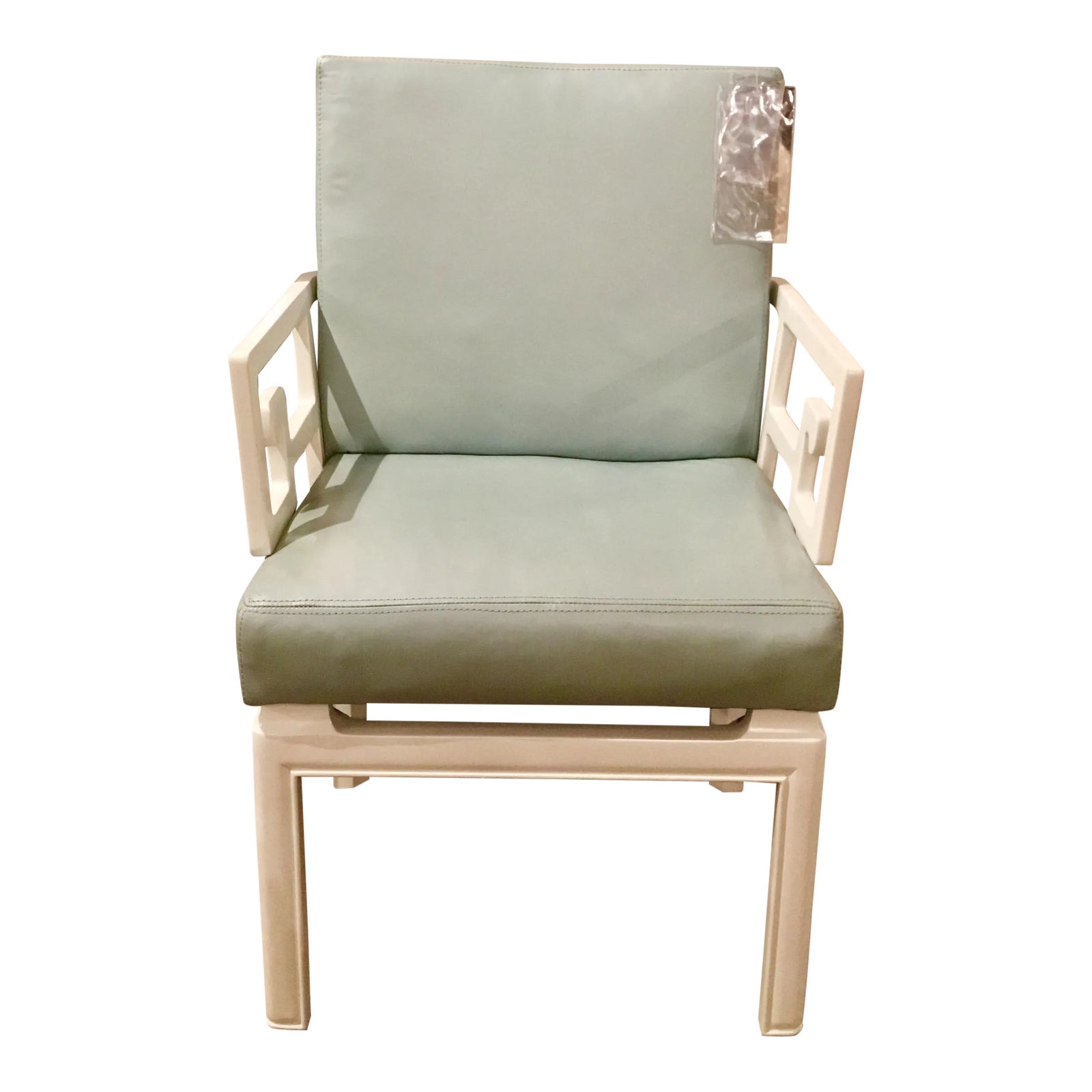 Global Views Modern White and Blue Leather Greek Key Arm Chair | Chairish