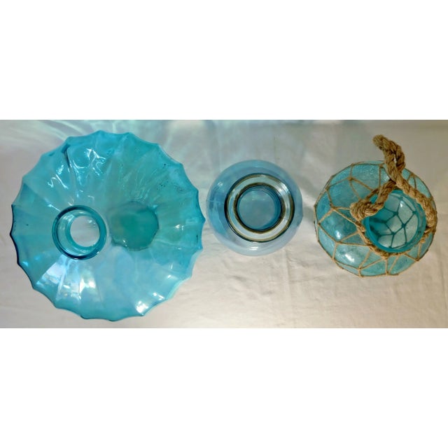 Large Vintage Decorative Ornate Shaped Blue Glass Vases W/ Rafia ...
