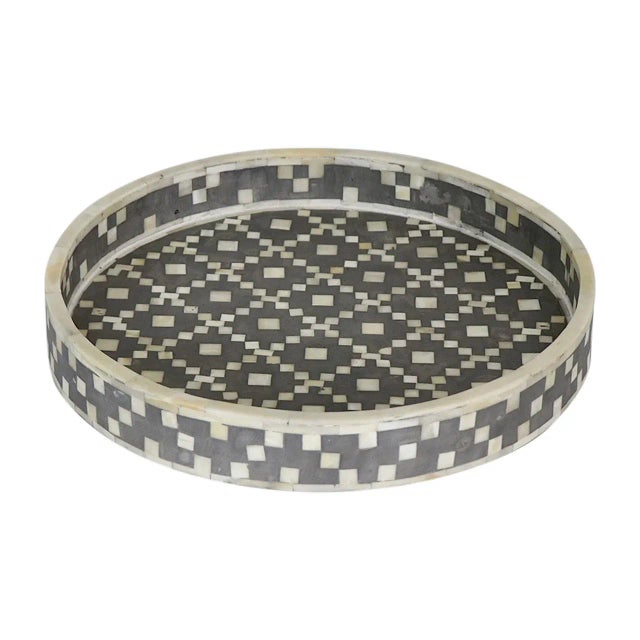 Round Gray Bone Inlay Tray | Chairish