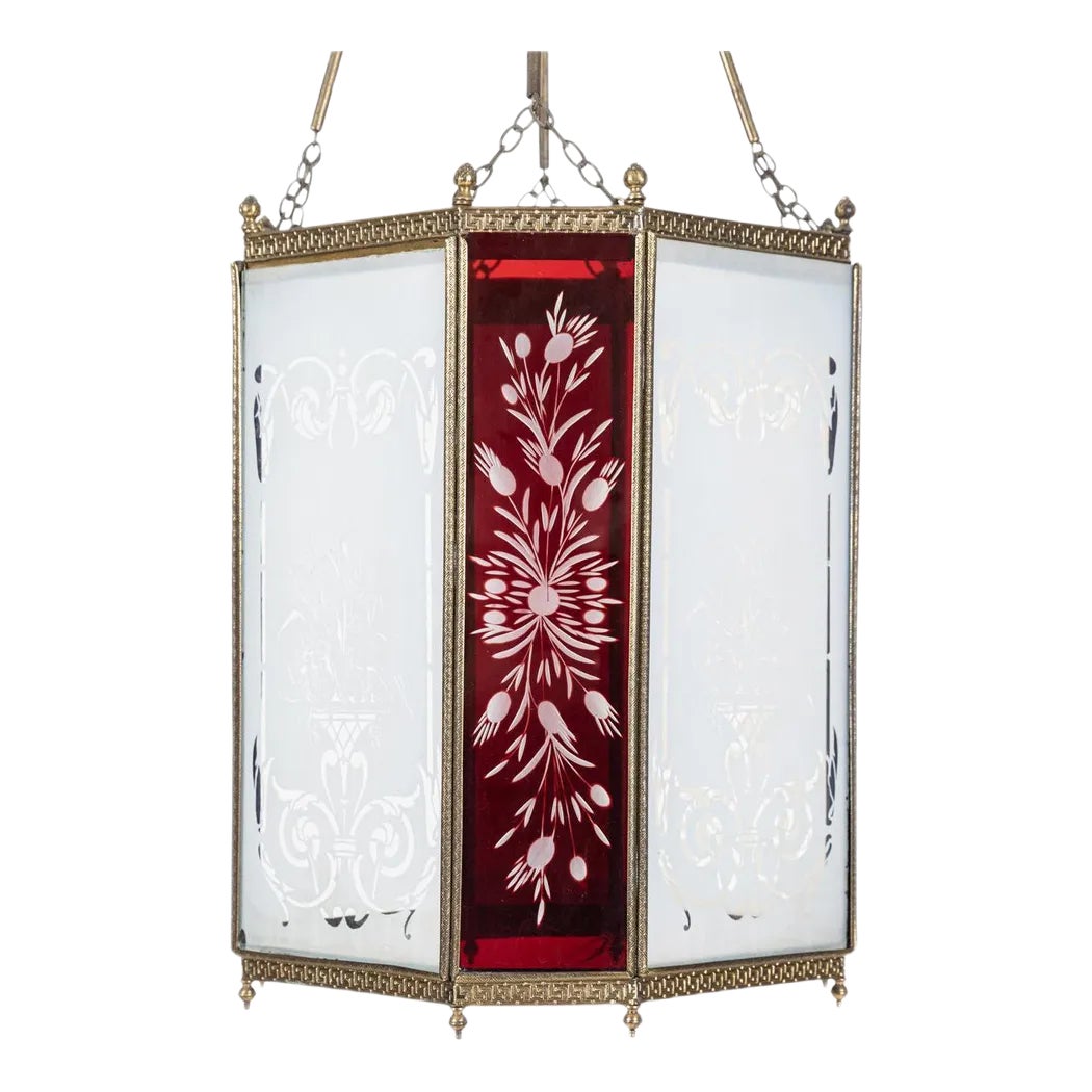 19th Century English Oversized Etched Glass Lantern Shade | Chairish