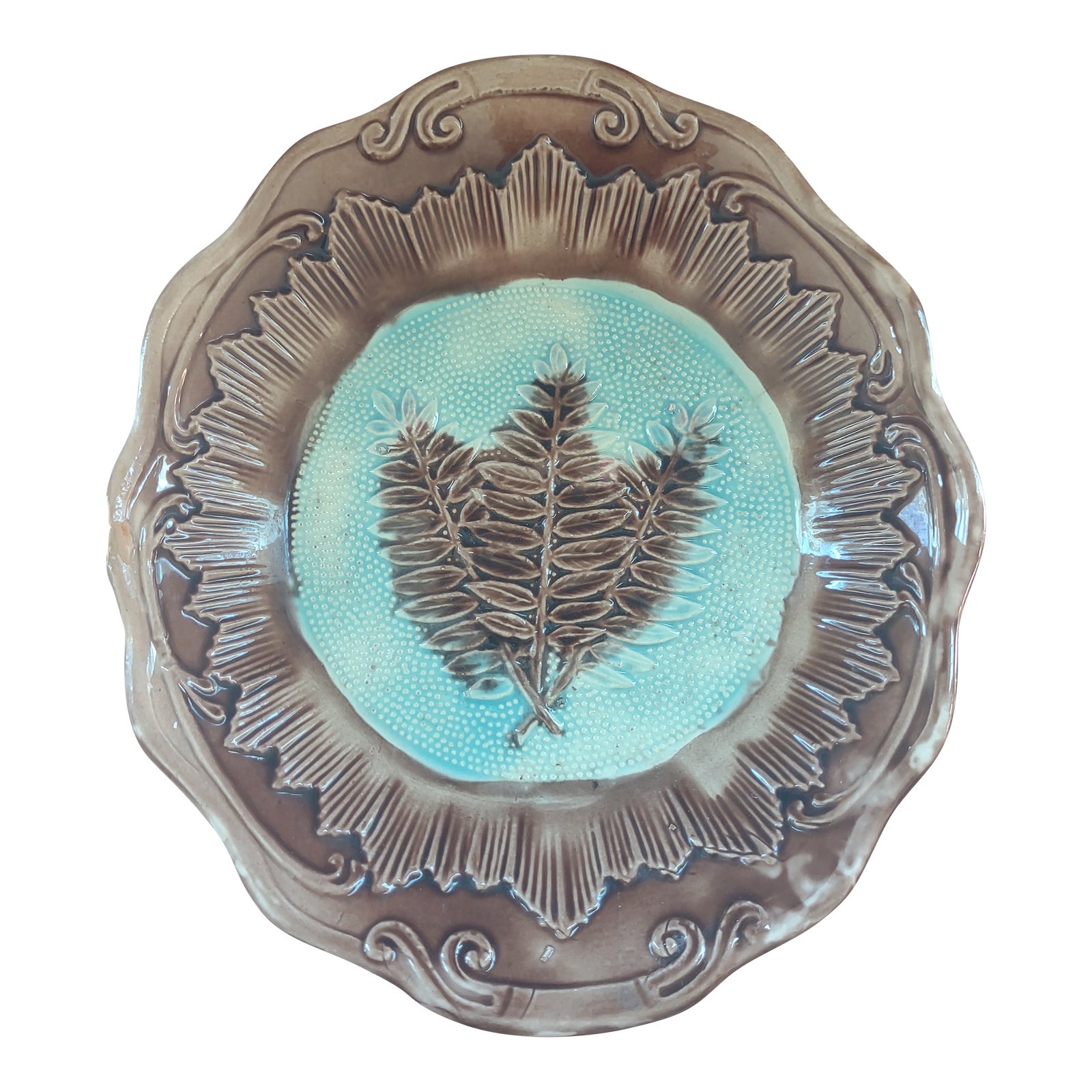 Late 19th Century French Fern Leaf Majolica Plate | Chairish