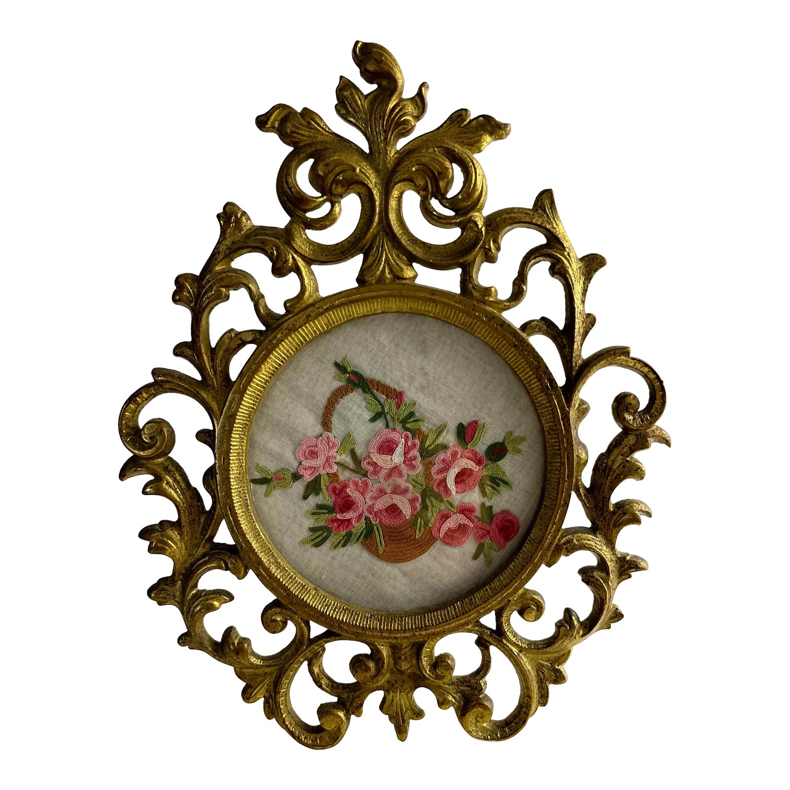Vintage Italian Floral Embroidery Metal Frame | Chairish