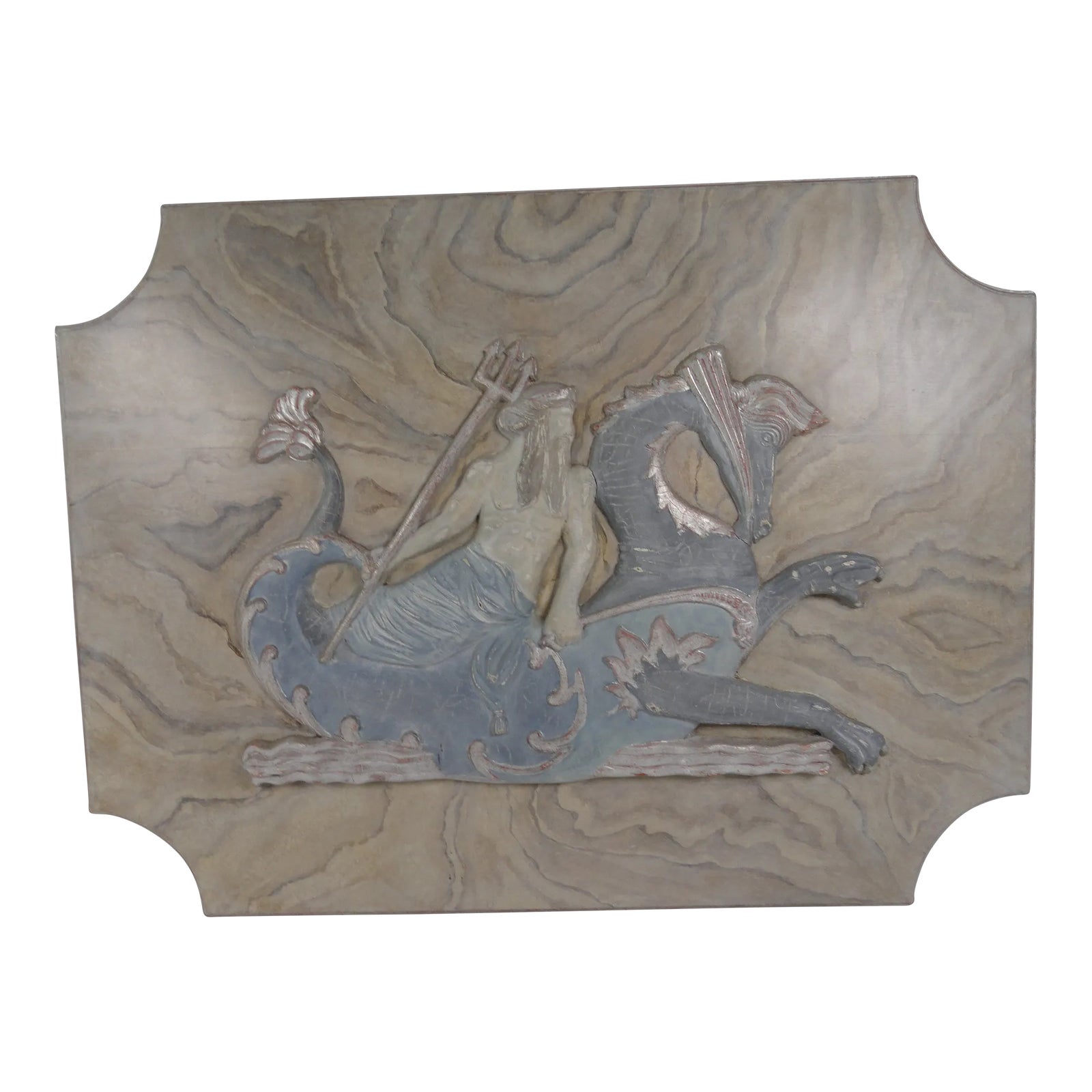 20th Century Painted Faux Marble Carved Wood Plaque of Poseidon | Chairish