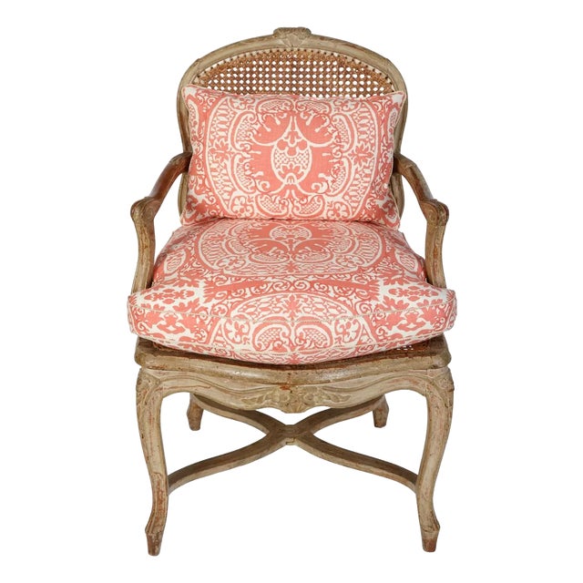 19th C. Louis XV Style Caned Arm Chair With Quadrille Coral Fabric ...