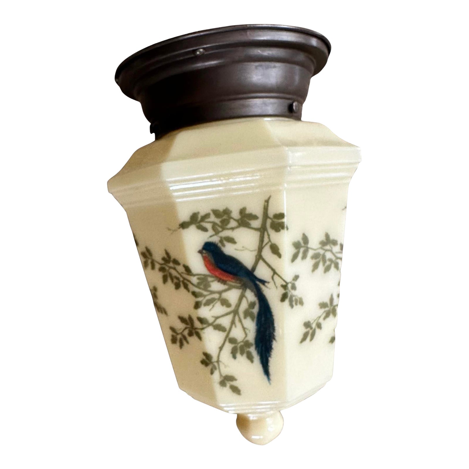 Painted Bird Flush Mount Fixture on Brass Holder, Circa 1920 | Chairish