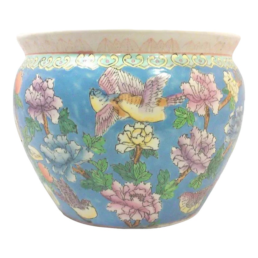 Vintage Chinoiserie Koi Fish Blue Ceramic Planter | Chairish