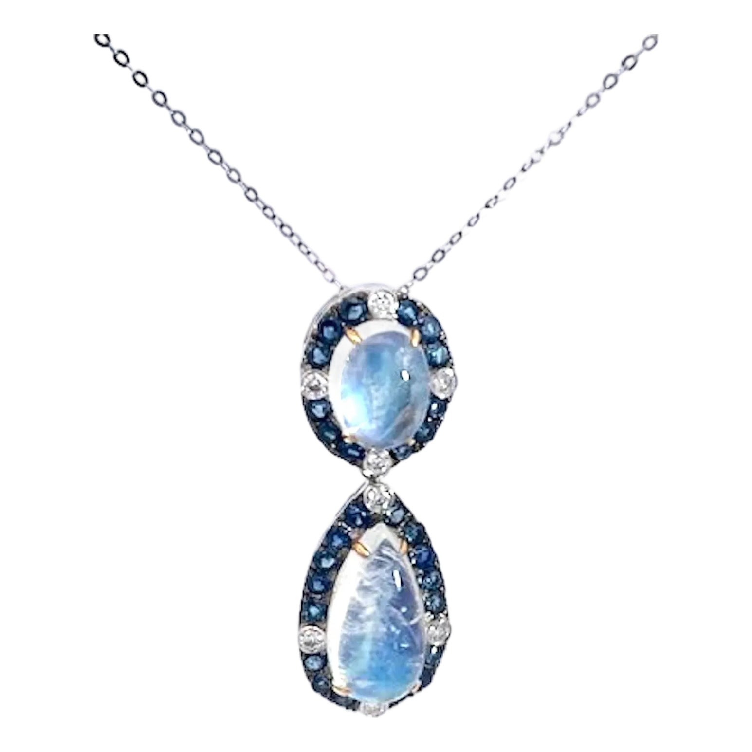 Double Drop Moonstone Pendant W/Diamonds and Sapphires 18k | Chairish