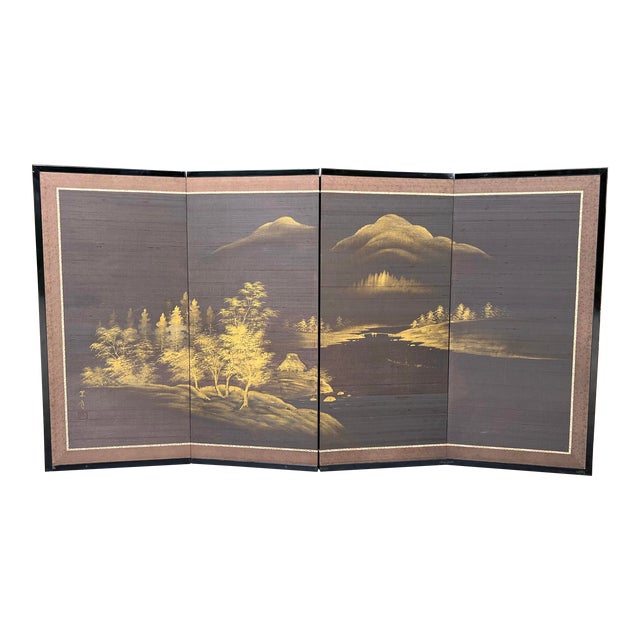 Mid-Century Hand-Painted 4 Panel Japanese Landscape Byōbu Silk Table ...