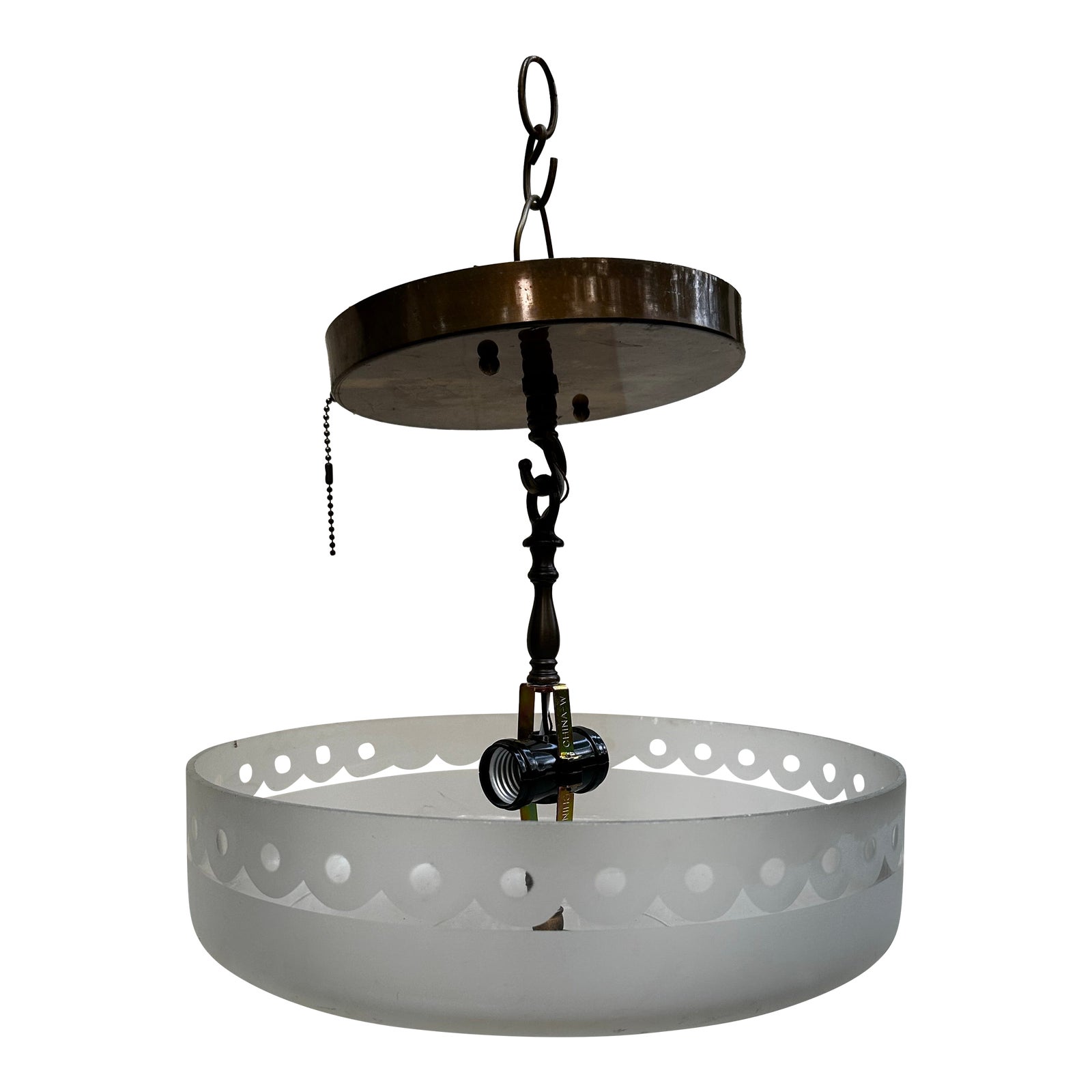 Vintage Frosted Large Glass Shade With Brass Ceiling Fixture | Chairish