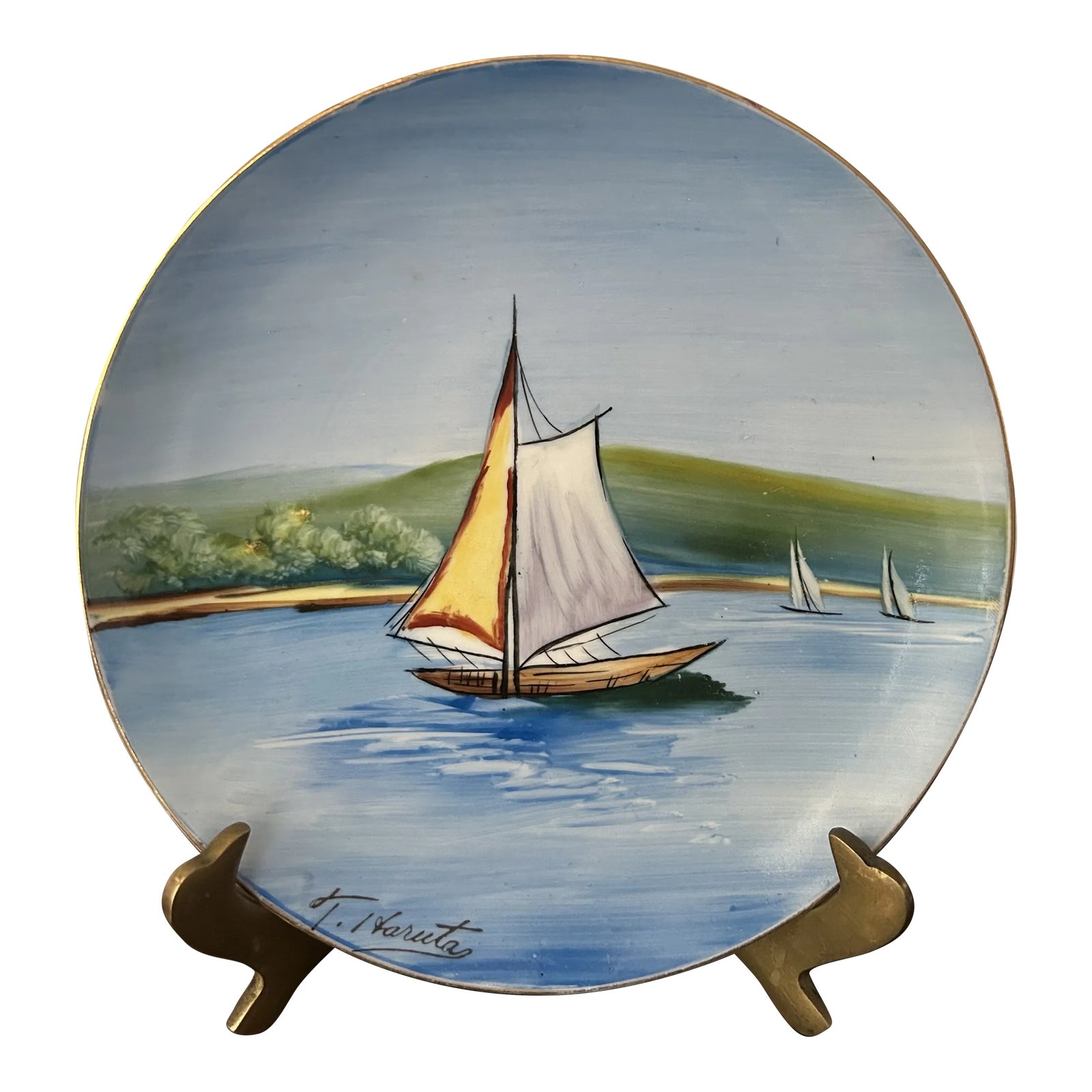 Vintage Painted Sailboat Decorative Plate With Gold Trim by T. Haruta ...