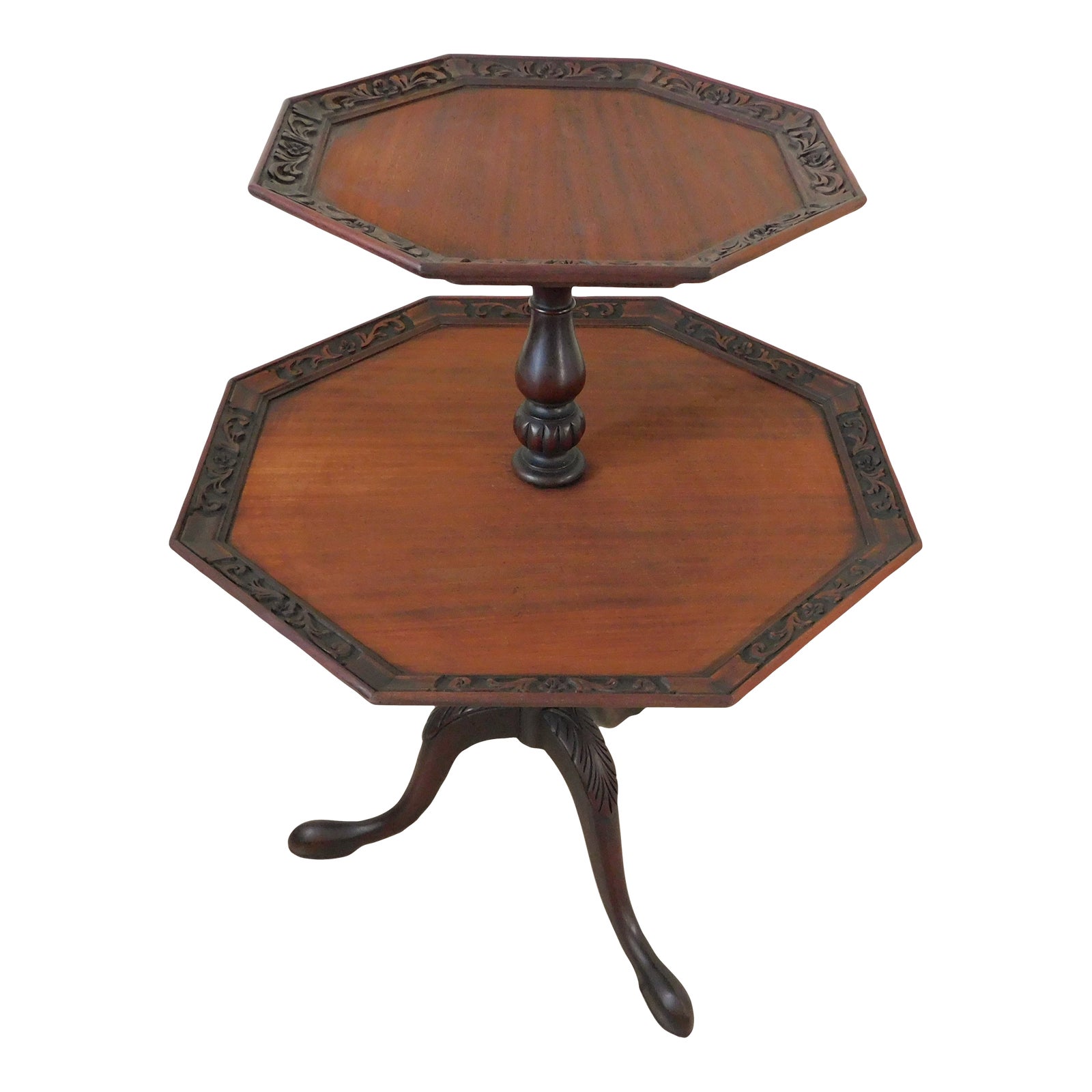 Vintage Mid Century Solid Mahogany Wood Carved Flowers Octagon Two Tier ...