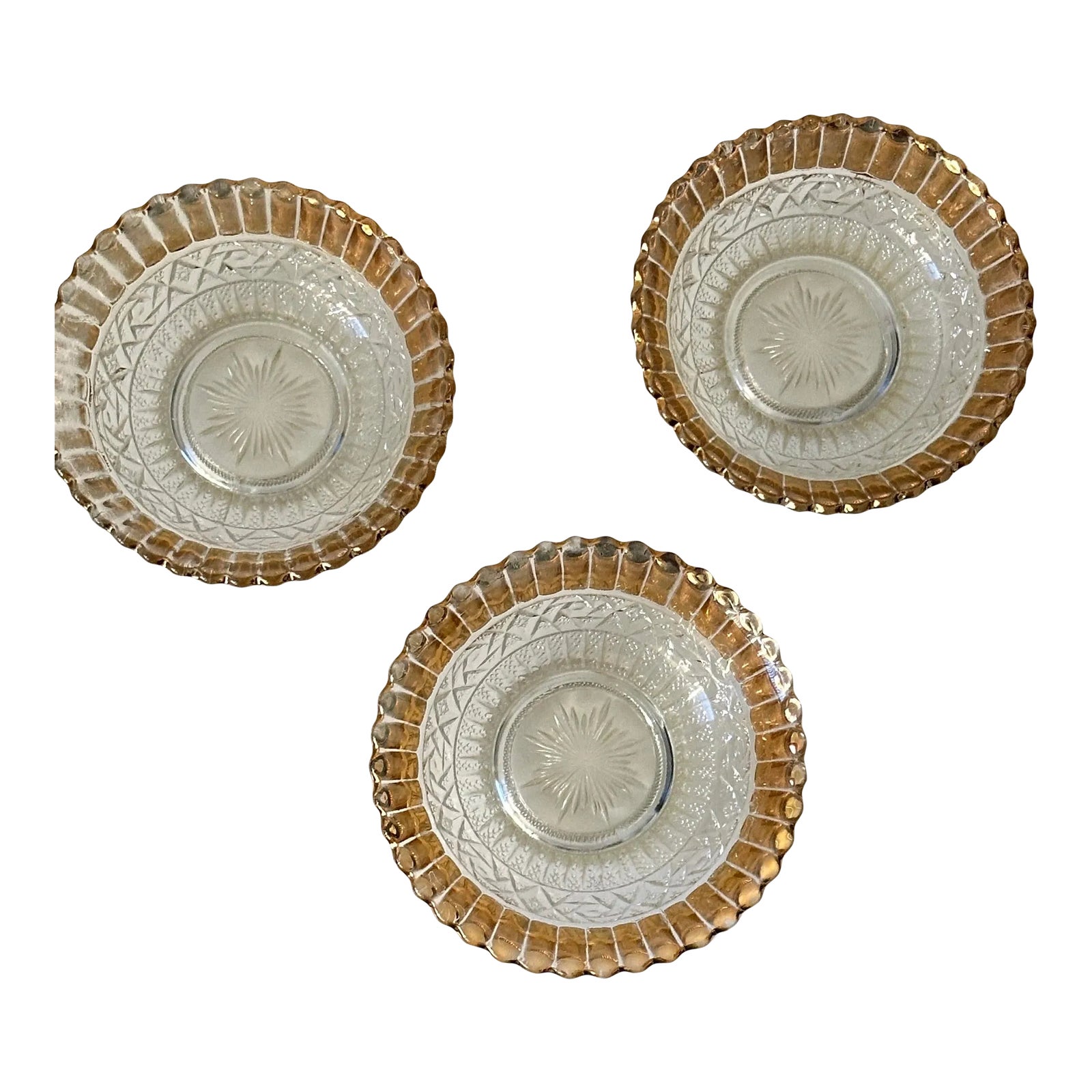 Vintage Cut Glass Bowl With Scalloped Rim and Gold Trim Set of 3 | Chairish