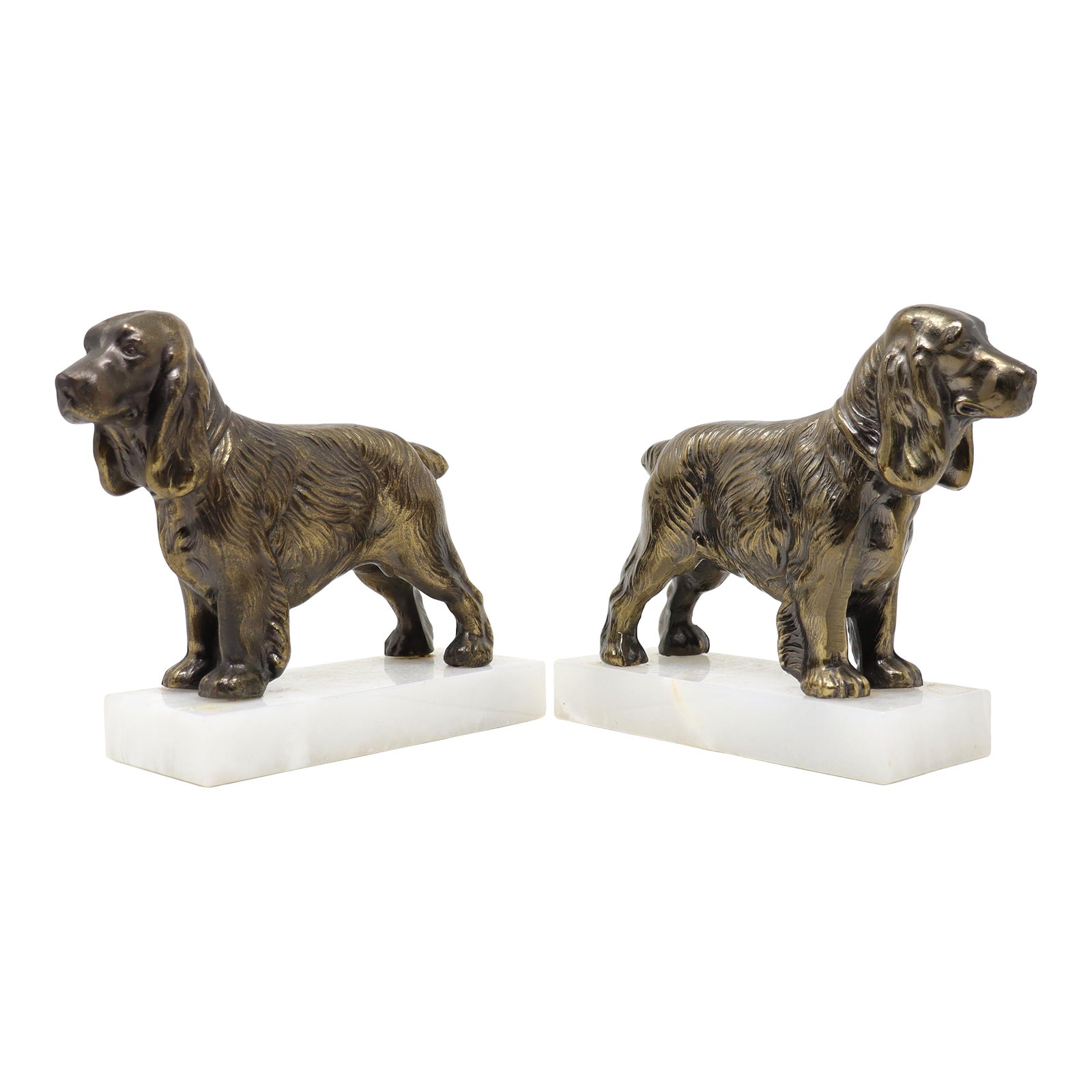 Vintage Cast Metal Spaniel on Marble Base Bookends - A Pair | Chairish
