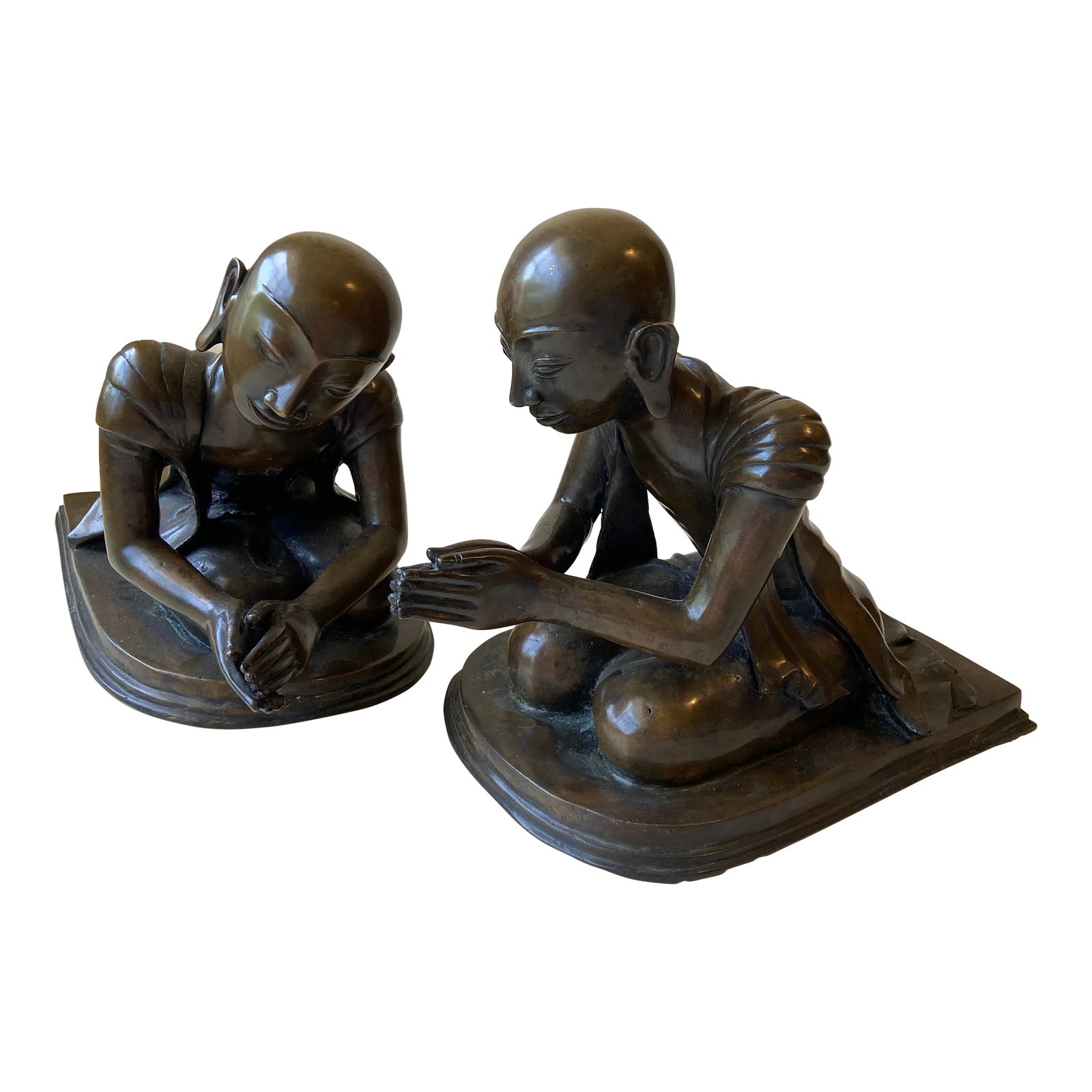 Late 20th Century Pair of Bronze Buddhist Monk Figures | Chairish