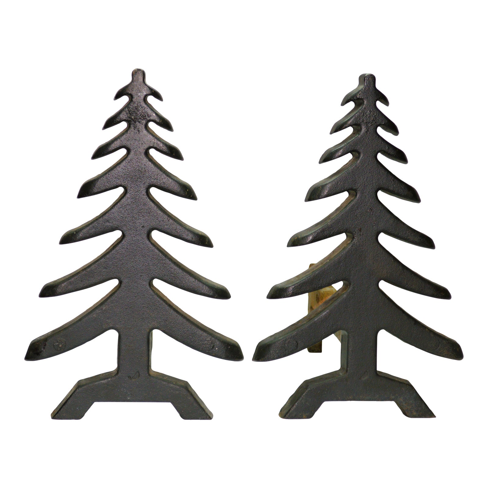 1940s Rustic Black Figural Fir Pine Trees Cast Iron Fireplace Andirons ...