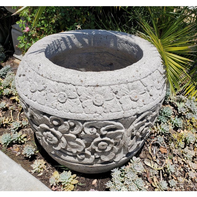 Vintage Stone Carved Balinese Garden Pot | Chairish