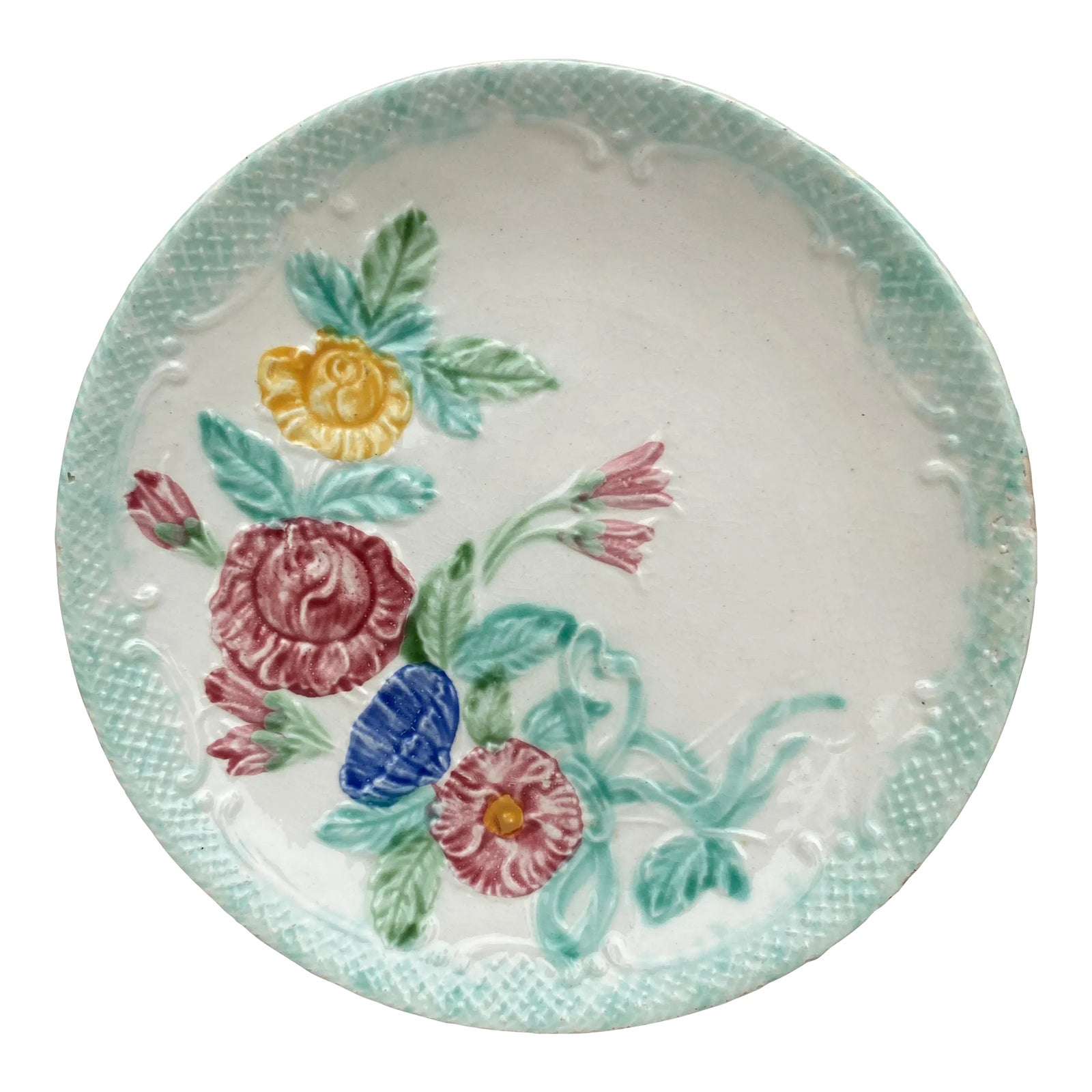 French Majolica Roses & Flowers Plate Salins, Circa 1890 | Chairish