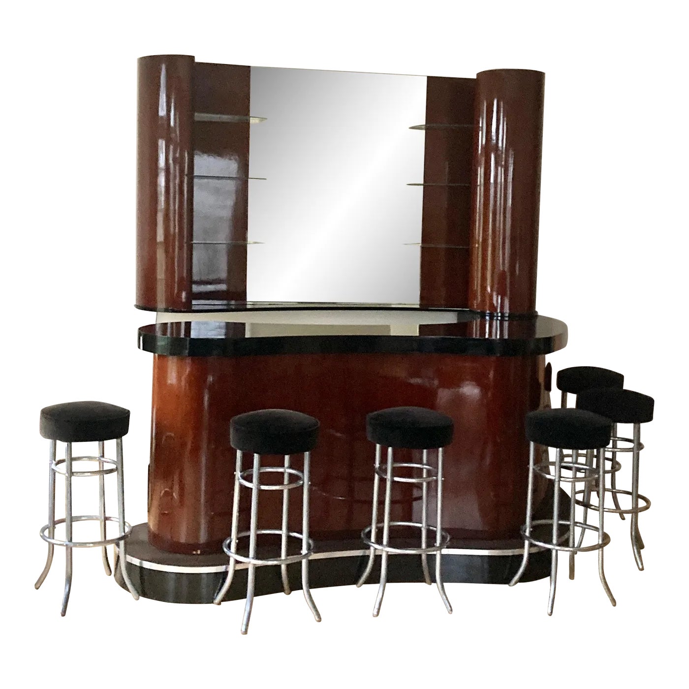 1940s Art Deco Mid-Centrury Bar With 6 Bar Stools - Set of 7 | Chairish