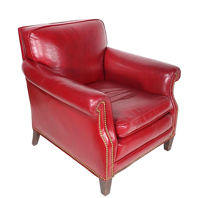 Red Leather Club Chair With Brass Nailhead Trim | Chairish